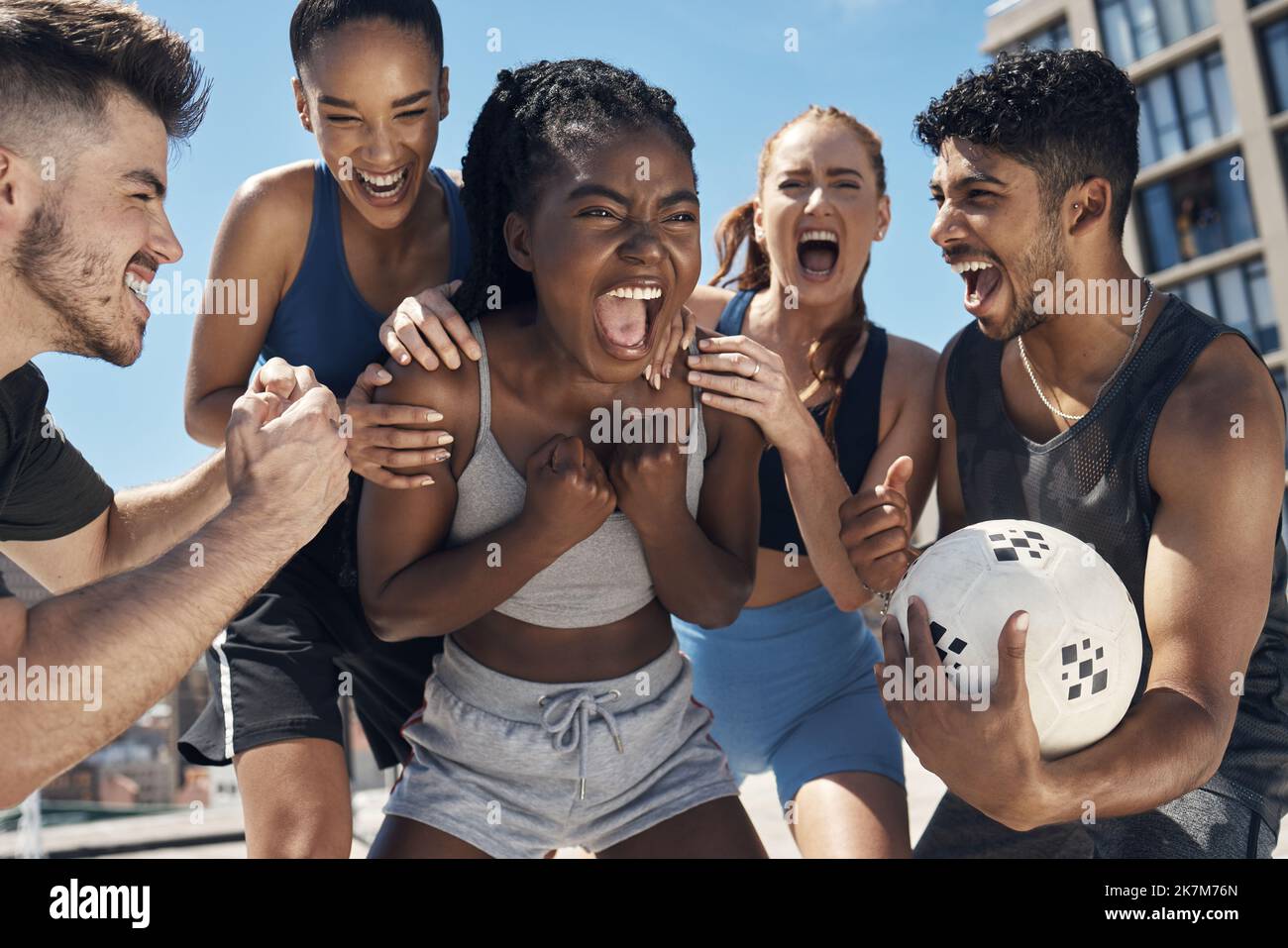 Soccer teamwork, winner and success celebration in fitness workout ...