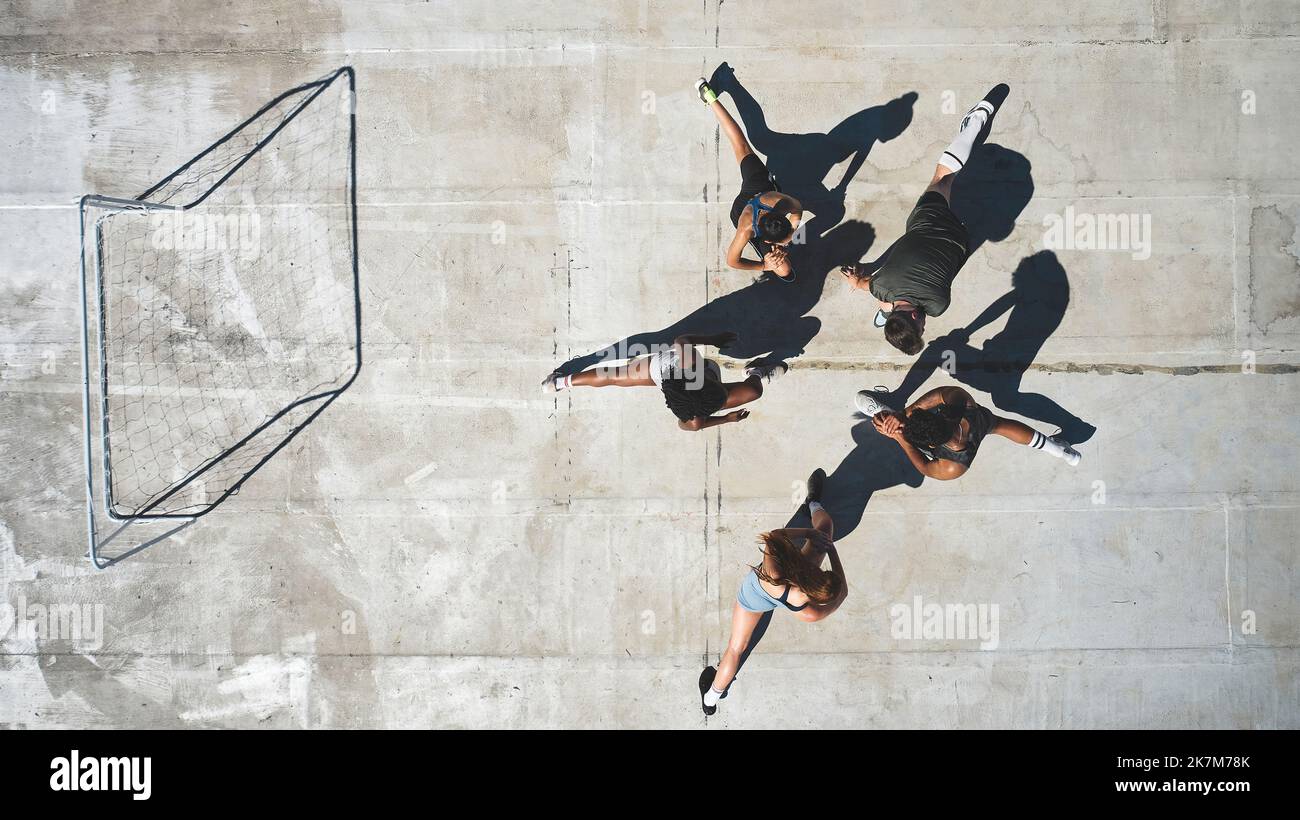 Sports, soccer and fitness team stretching, exercise and prepare for ...