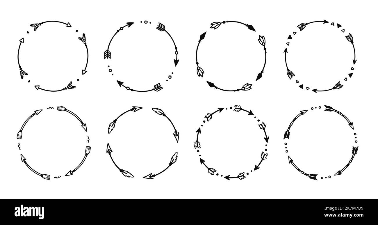 Boho arrow circle frame set. Hand drawn doodle african, aztec rustic ...