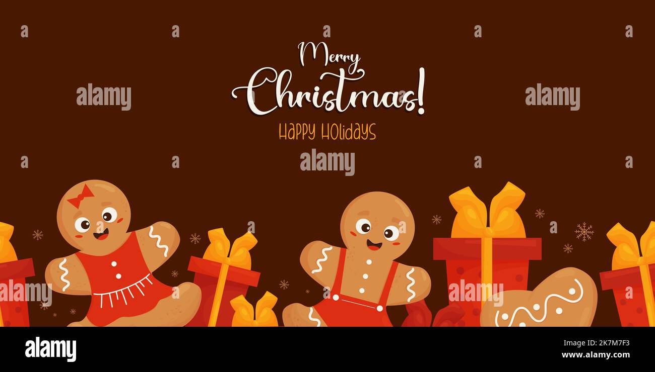 Seamless border with cute funny gingerbread man and girl, gift boxes ...
