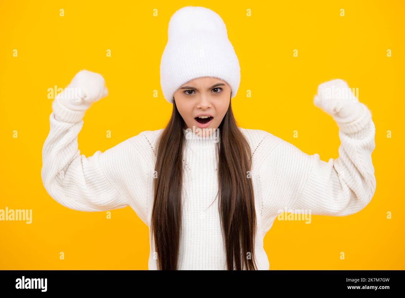 Angry teenager girl, upset and unhappy negative emotion. Studio ...