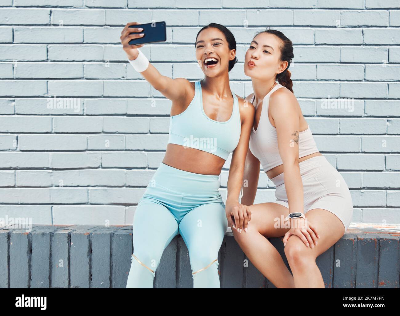 Fitness friends, phone selfie and picture for social media, influencer ...