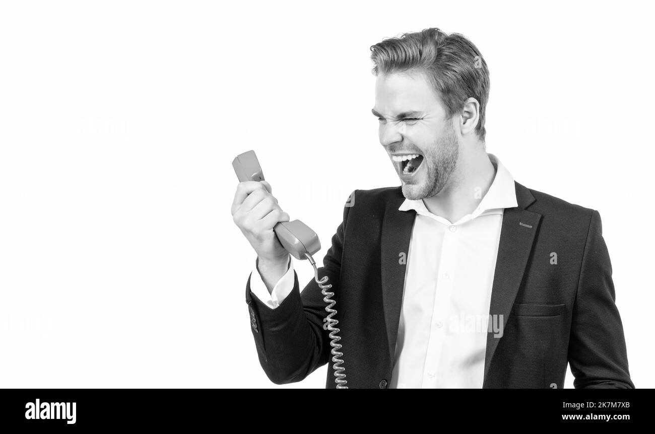 Bad line. Angry manager scream holding telephone receiver. Screaming ...