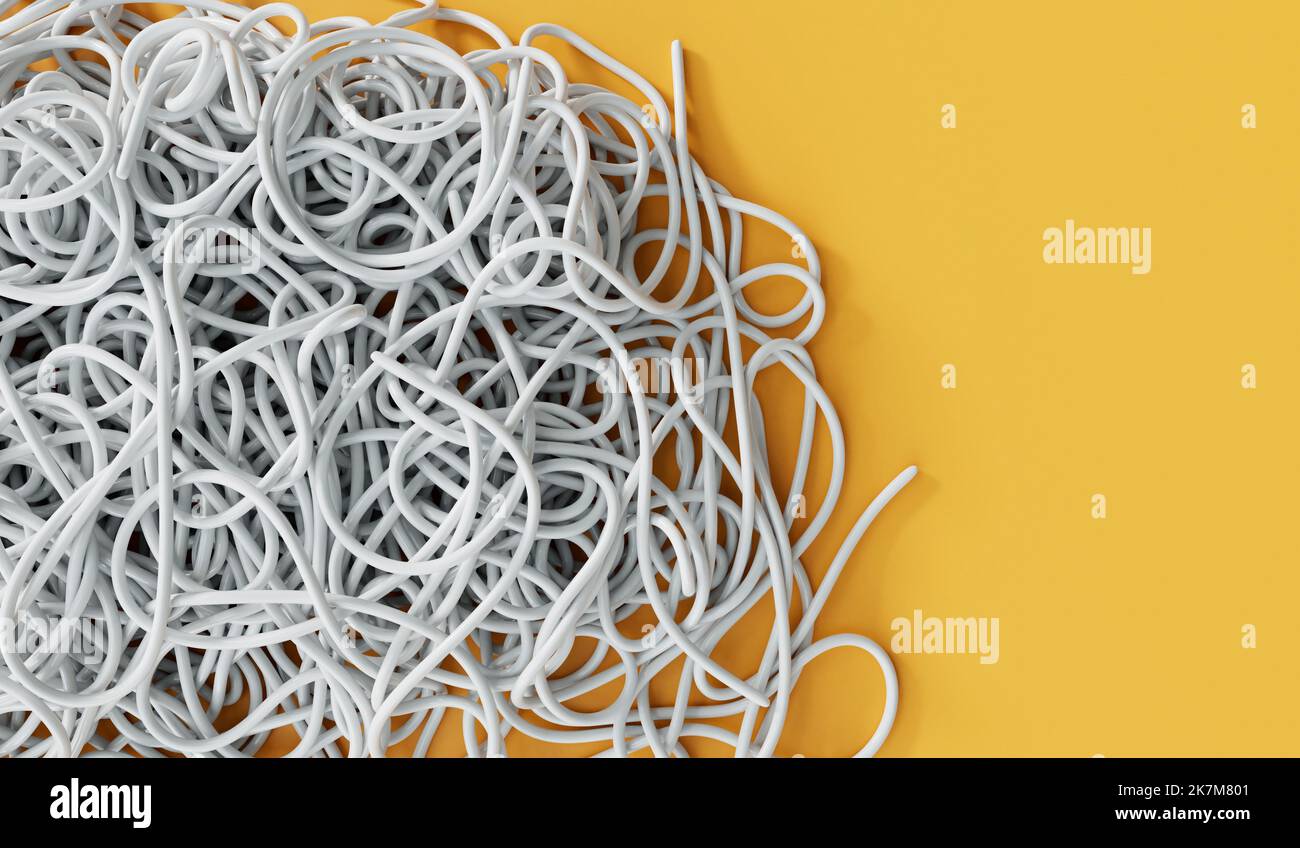 A tangled pile of string or wire. Confusion and thought process concept ...