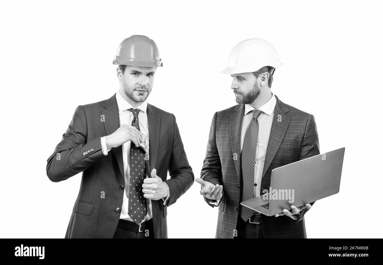 businesspeople men in suit and safety helmet giving or taking money and ...