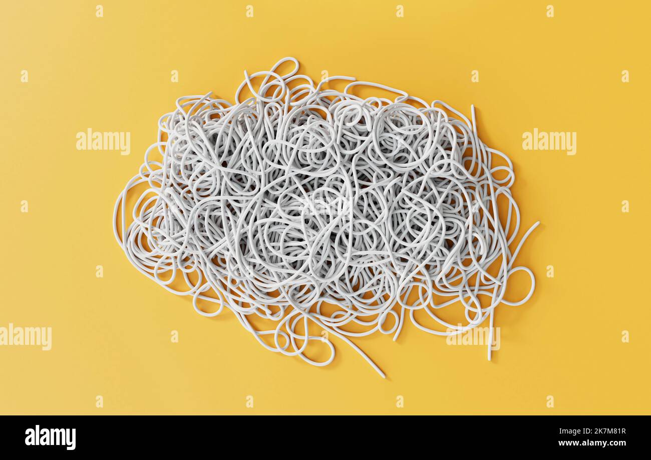 A tangled pile of string or wire. Confusion and thought process concept ...