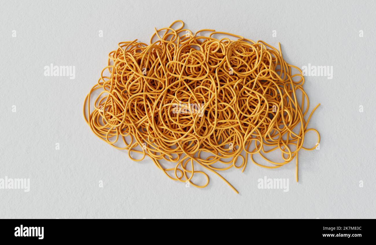 A tangled pile of string or wire. Confusion and thought process concept ...