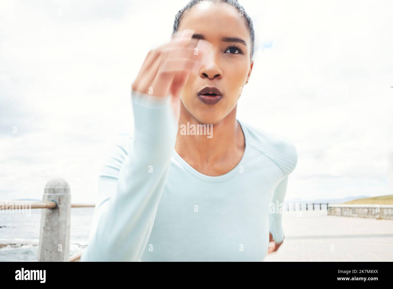 Speed, focus and running black woman with outdoor motivation for ...