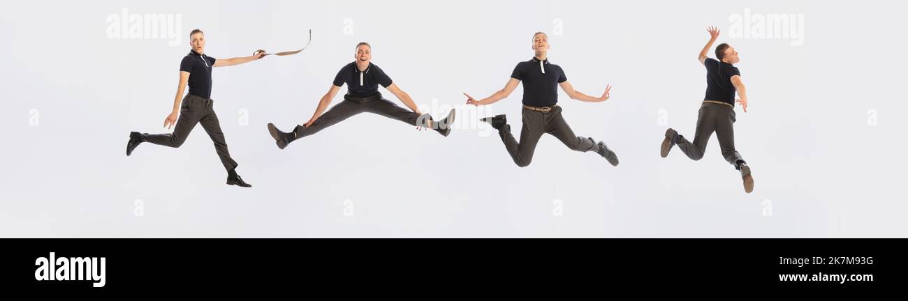 Collage. Cheerful, stylish young man in black suit dancing in weird ...