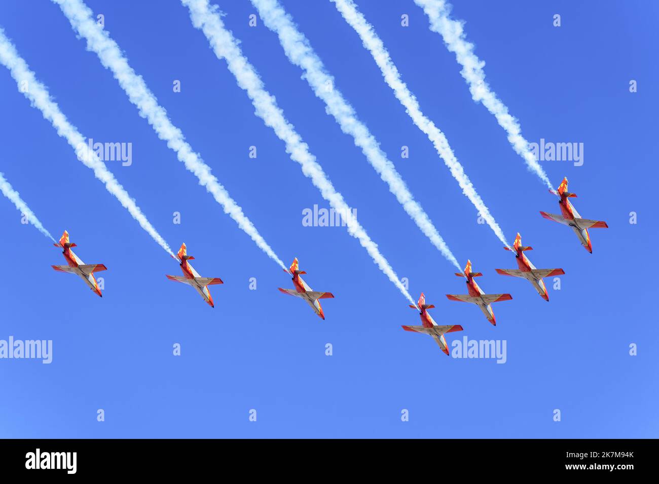Madrid, Spain, October 12, 2022: Spanish army planes doing aerobatics ...