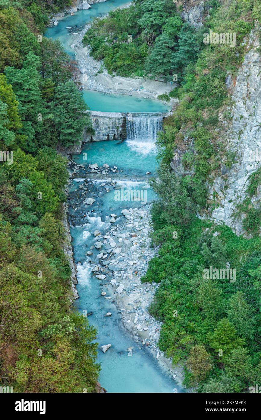 Aerial view of cascades at Gola delle Casandre gorge at Sondrio ...