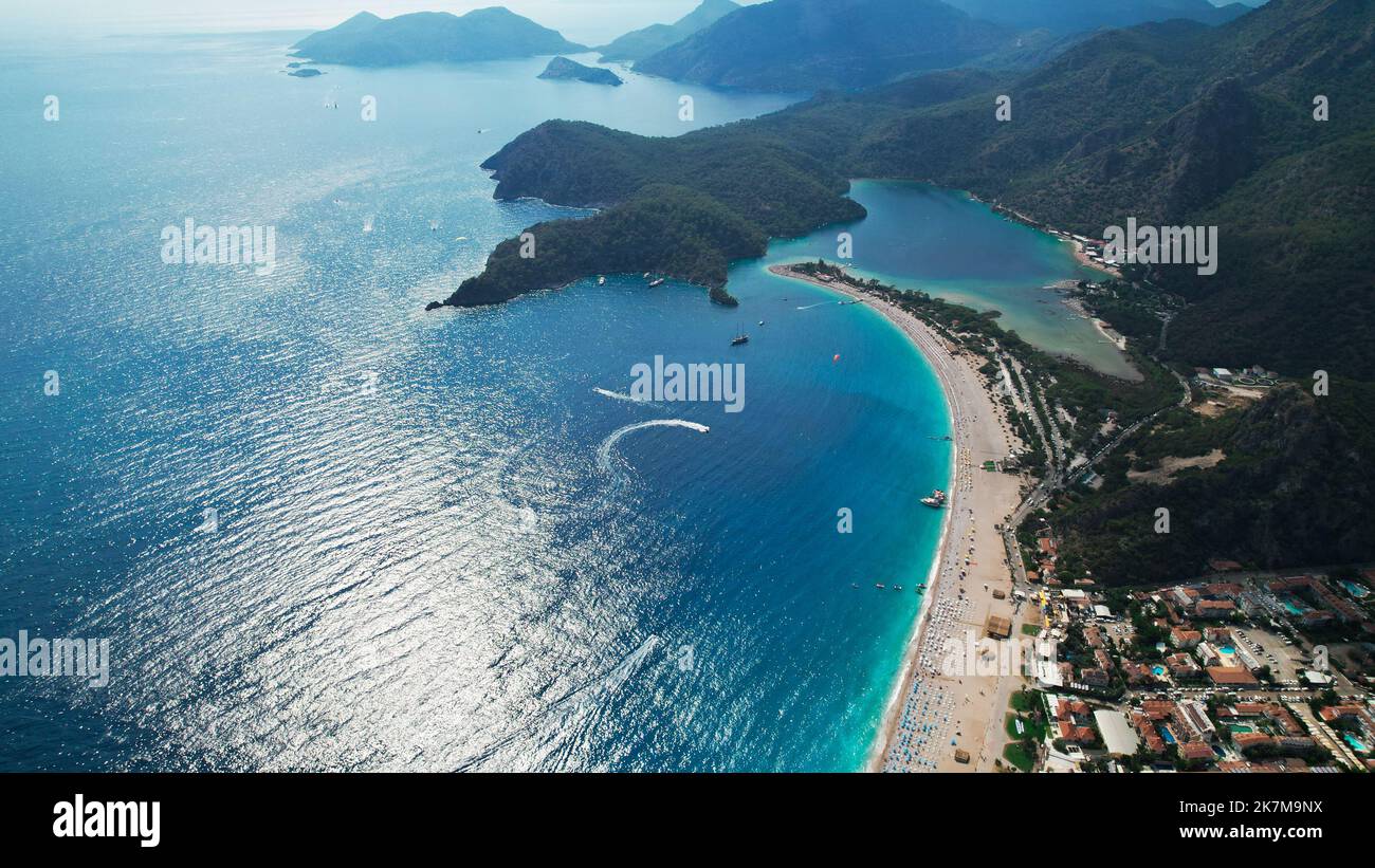 Aerial panoramic top view a drone of the sea bay Azure water surrounded ...