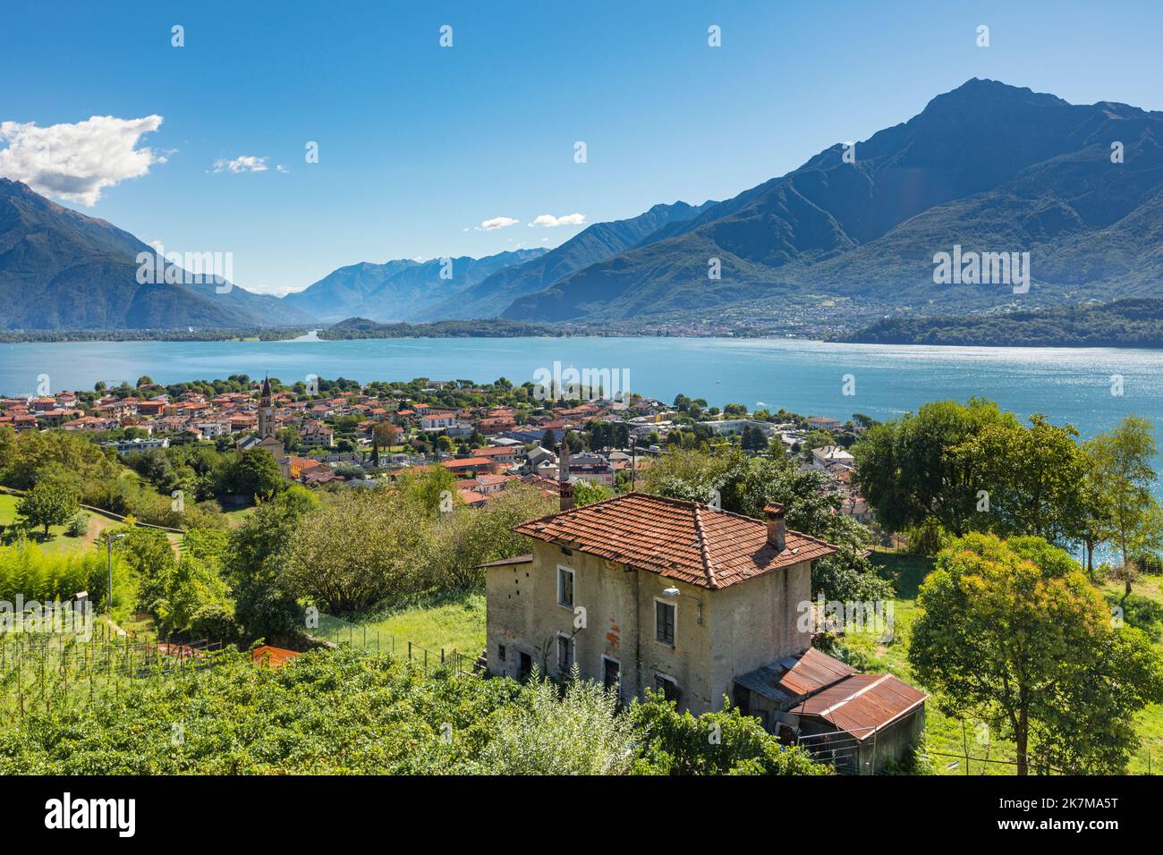 View from Pozzolo over the town of Domaso and the north of Lake Como to ...