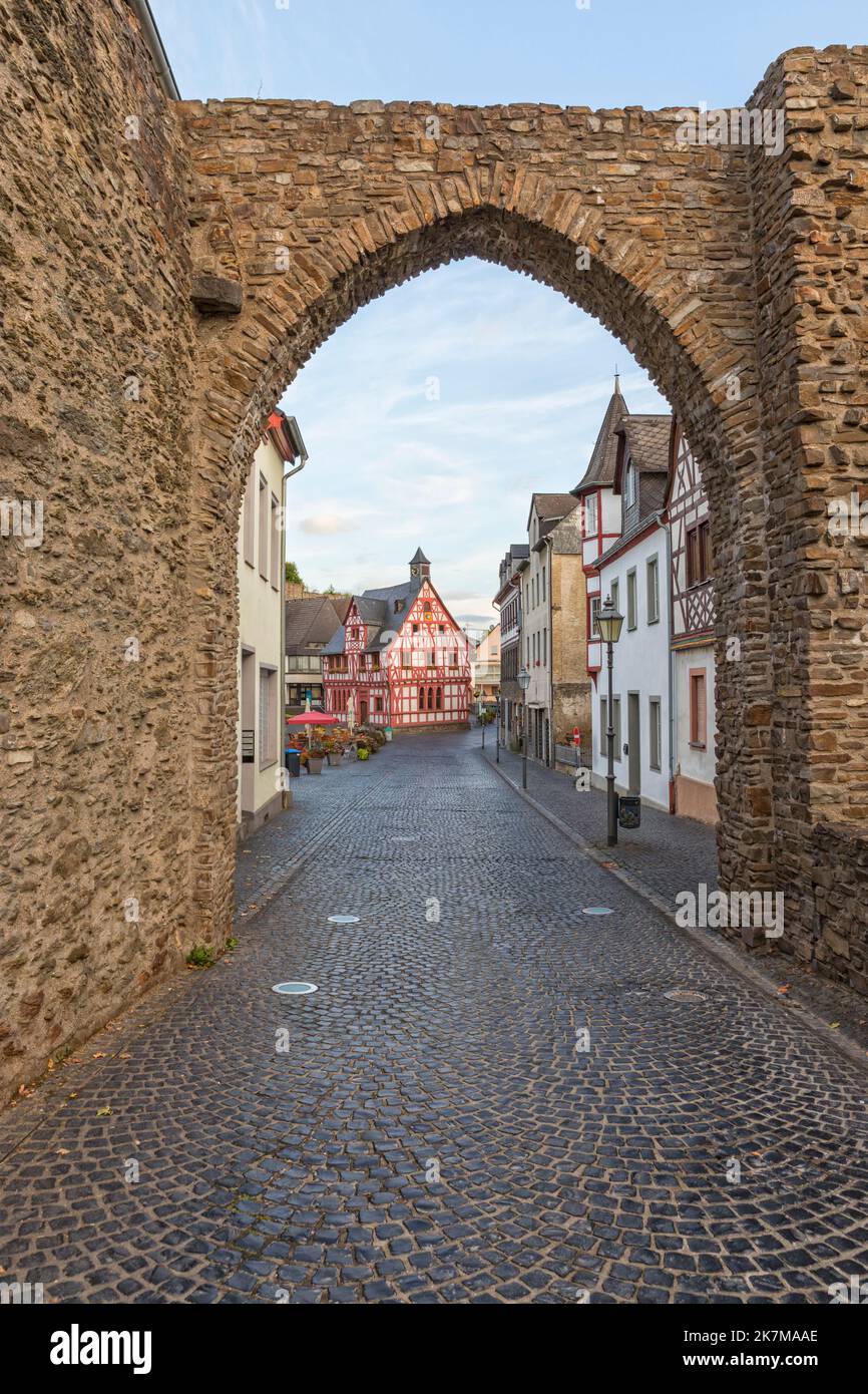 City gate and historic town hall of Rhens in the Upper Middle Rhine ...