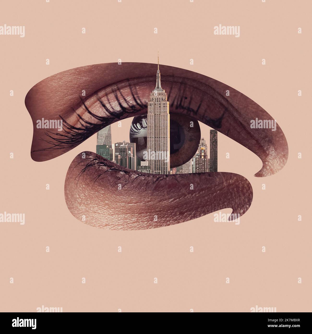 Huge female eye and city landscape. Modern design, contemporary art ...