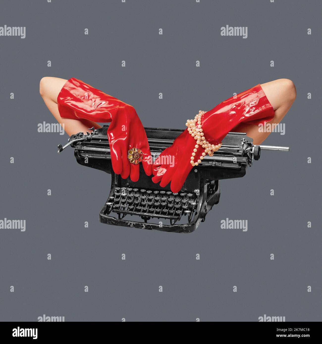 Human hands typing on retro typewriter. Modern design, contemporary art ...