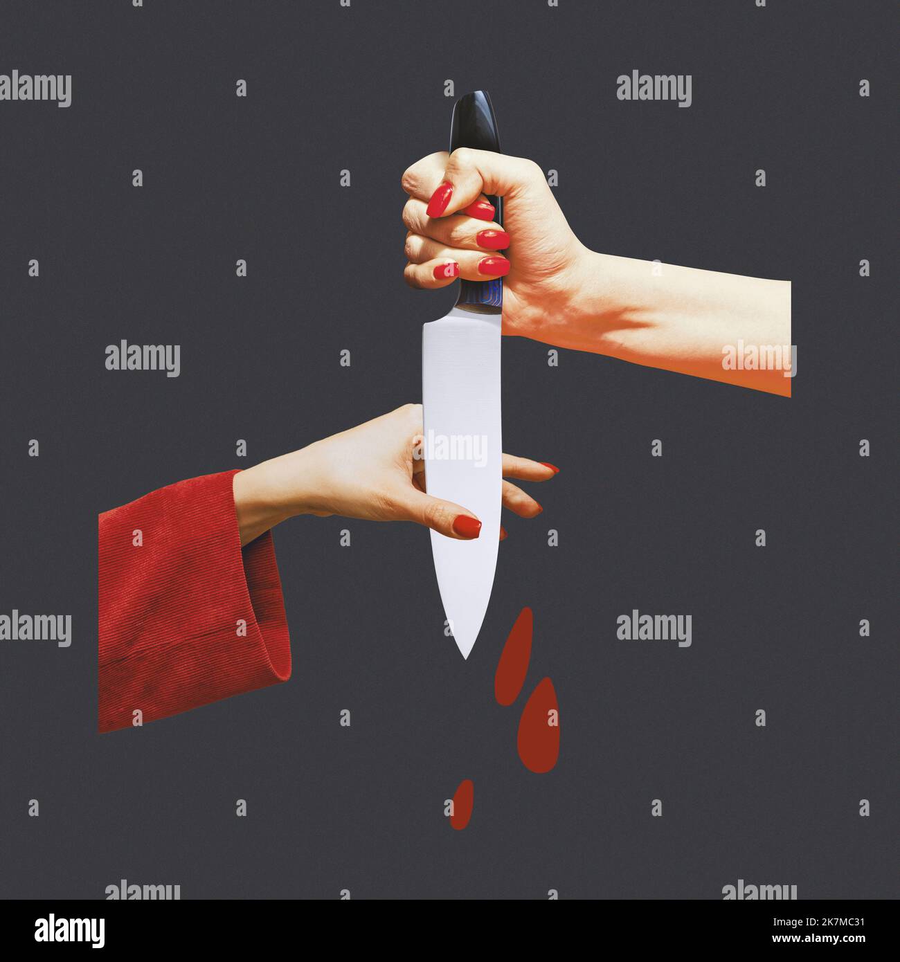 Authentic hands and sharp knife. Modern design, contemporary art ...