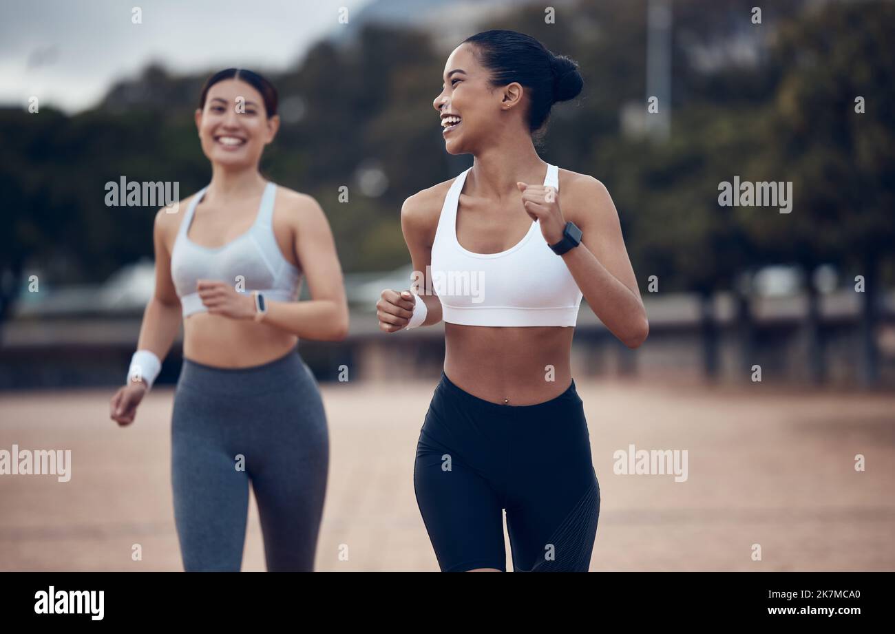 Fitness friends, running and exercise while laughing for motivation and fun during cardio ...