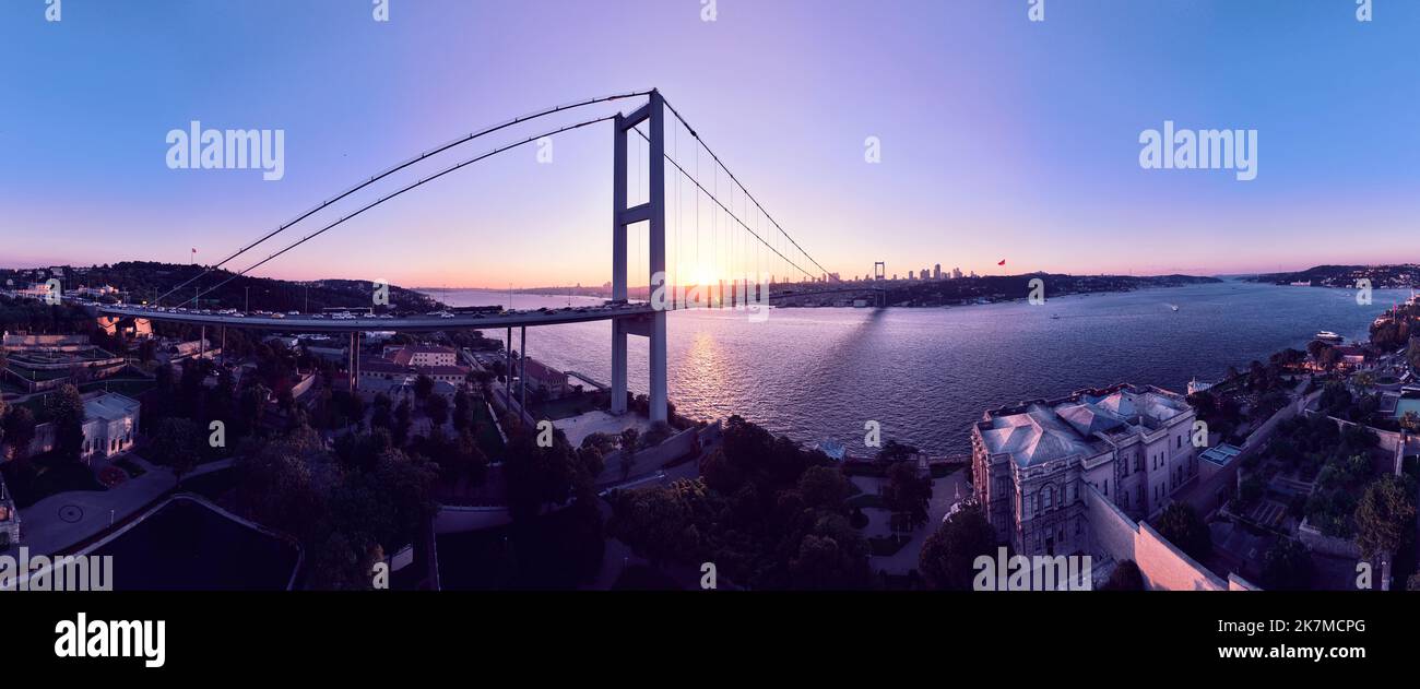 Istanbul Bosphorus Bridge and City Skyline in Background with Turkish ...