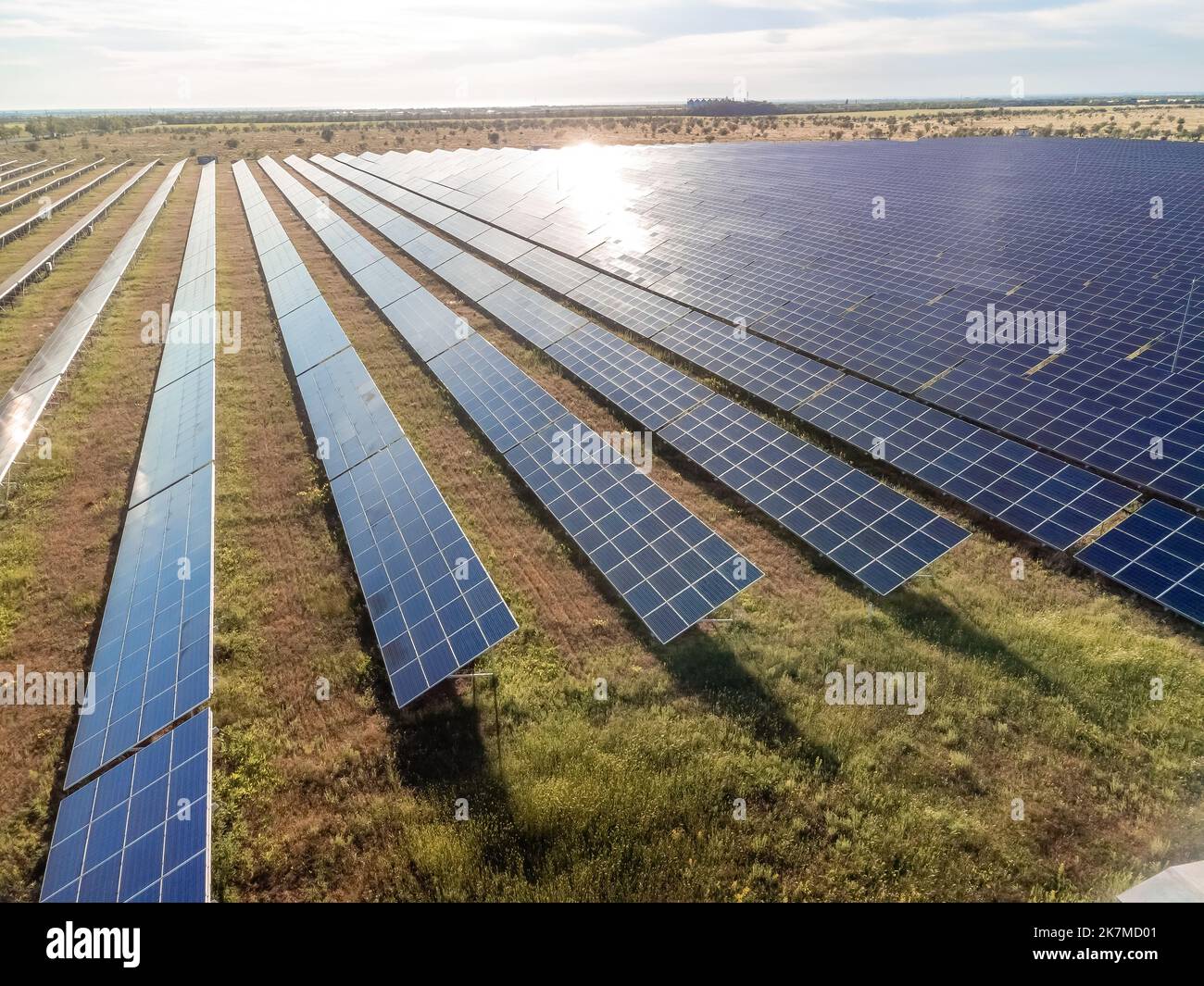 Aerial top view of a solar panels power plant. Photovoltaic solar ...
