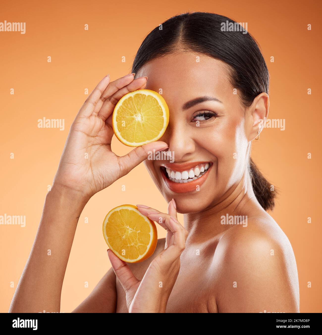 Skincare, makeup and beauty girl with orange product for diy facial ...