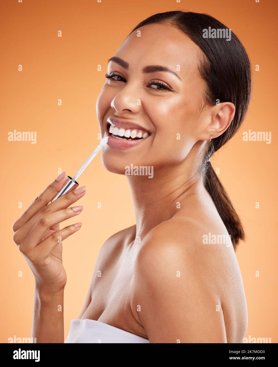 Beauty, skincare and cosmetics with a model black woman using lipstick ...