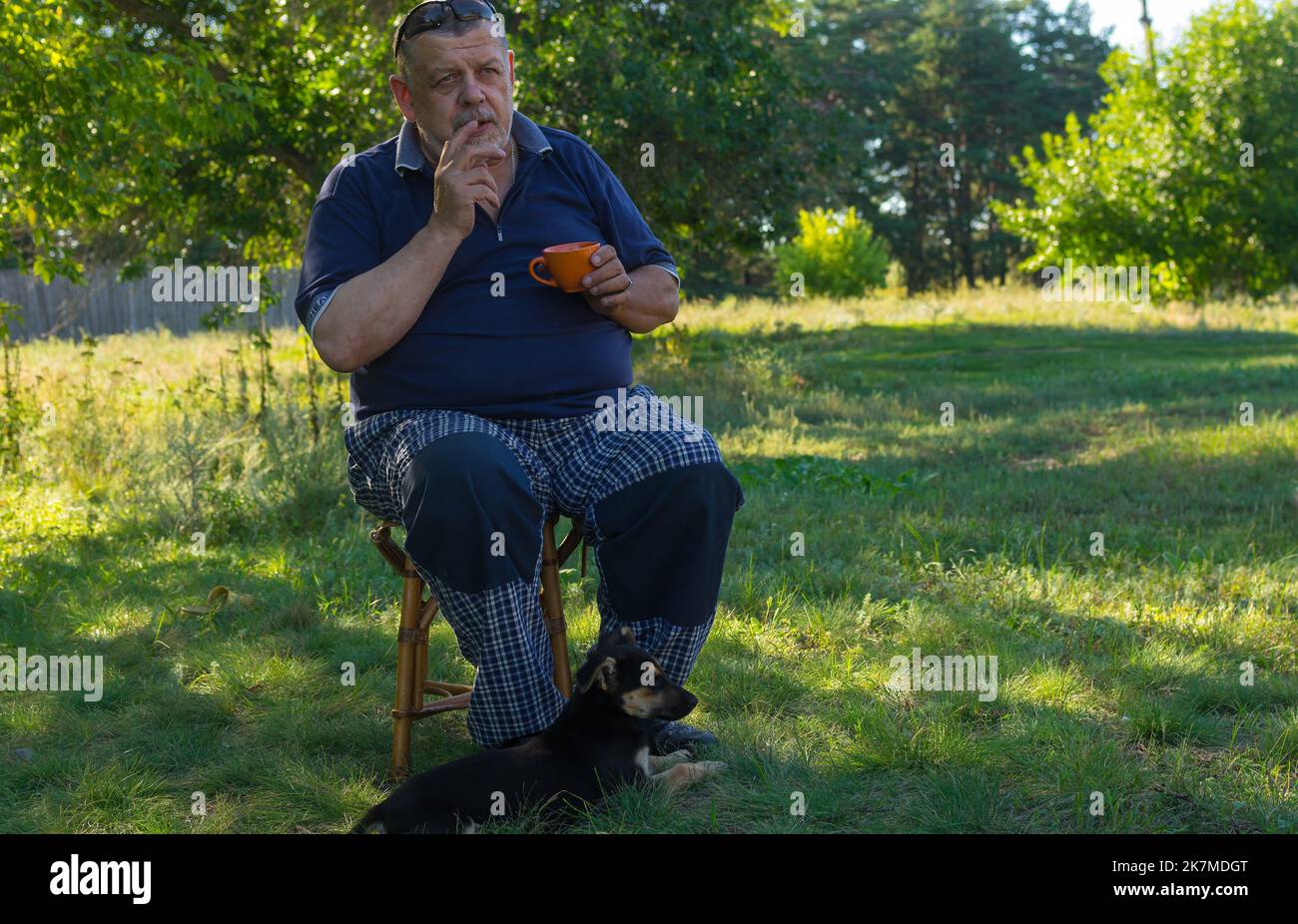 Outdoor portrait of Ukrainian senior man sitting in summer garden with ...