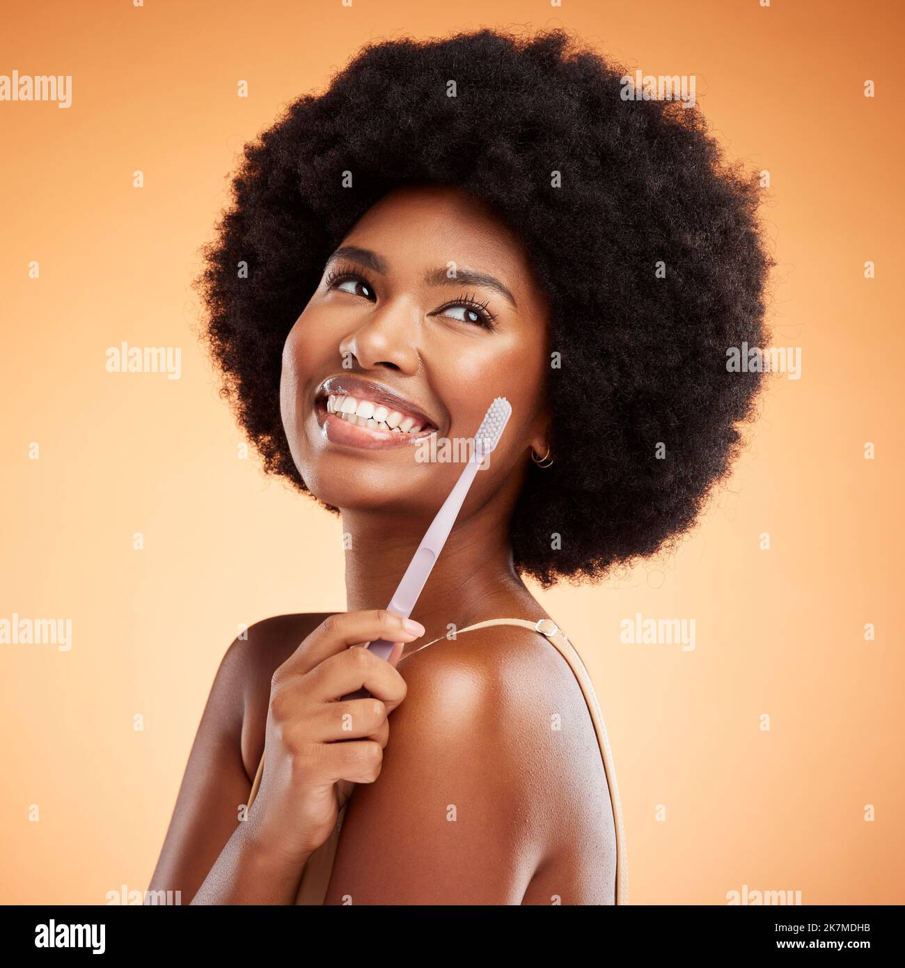 Toothbrush, dental and black woman with smile for teeth against a ...