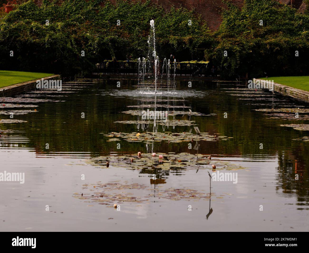 View over the formal rectangular water pond leading to a fountain in ...