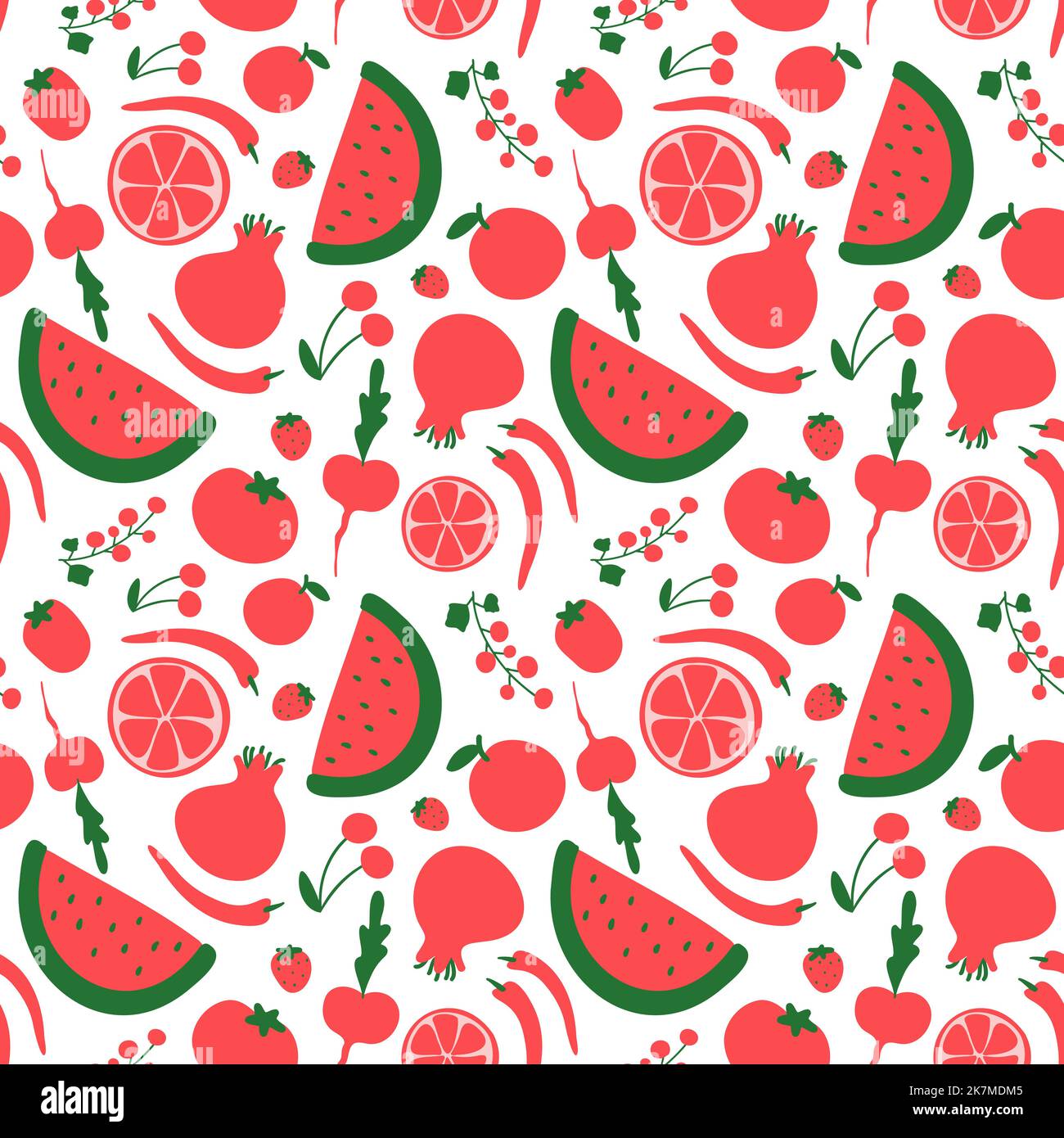 Seamless pattern with hand drawn red fruits vegetables berries. Fresh ...