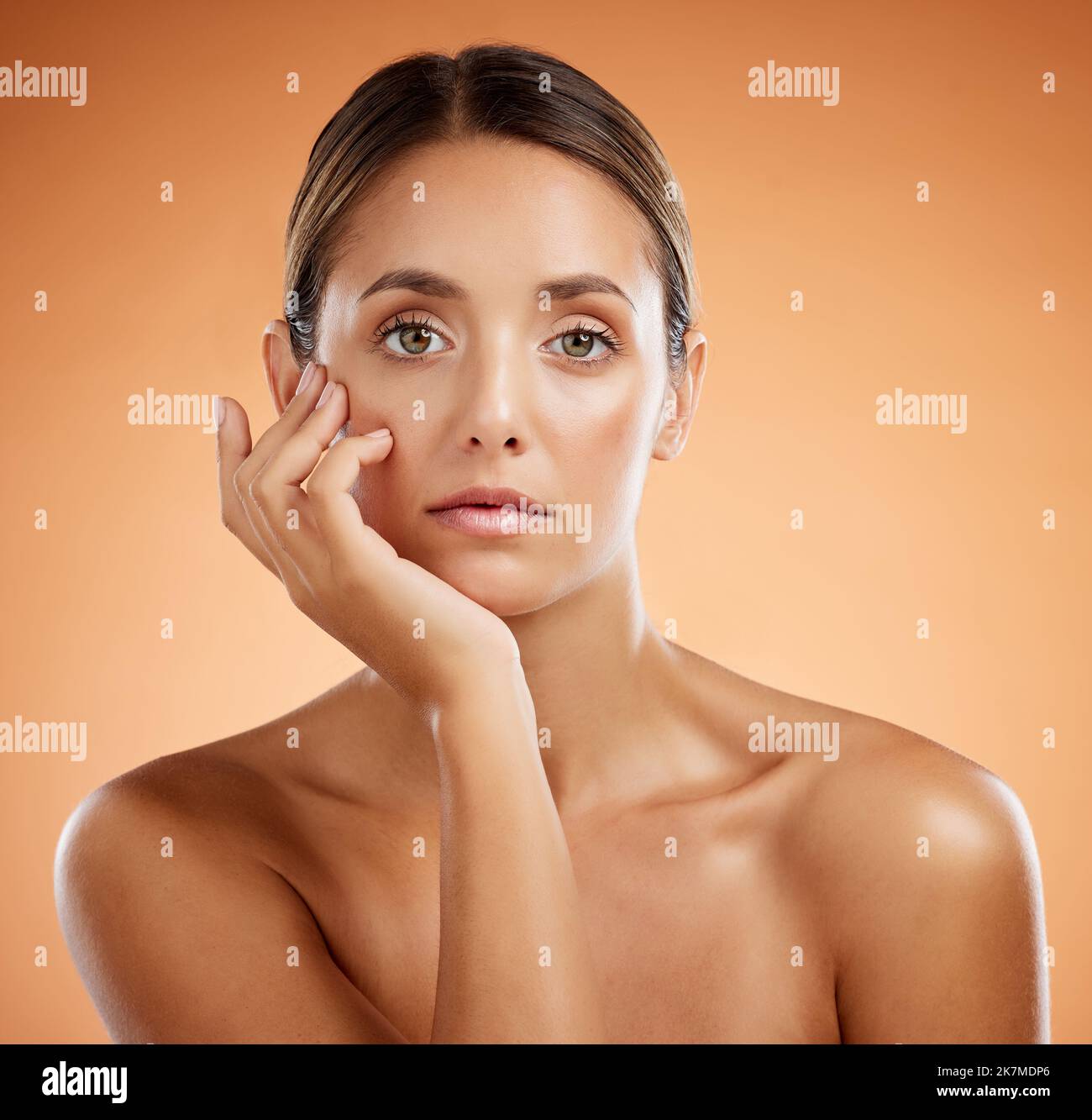 Skincare, beauty and woman with makeup on face against an orange mockup ...