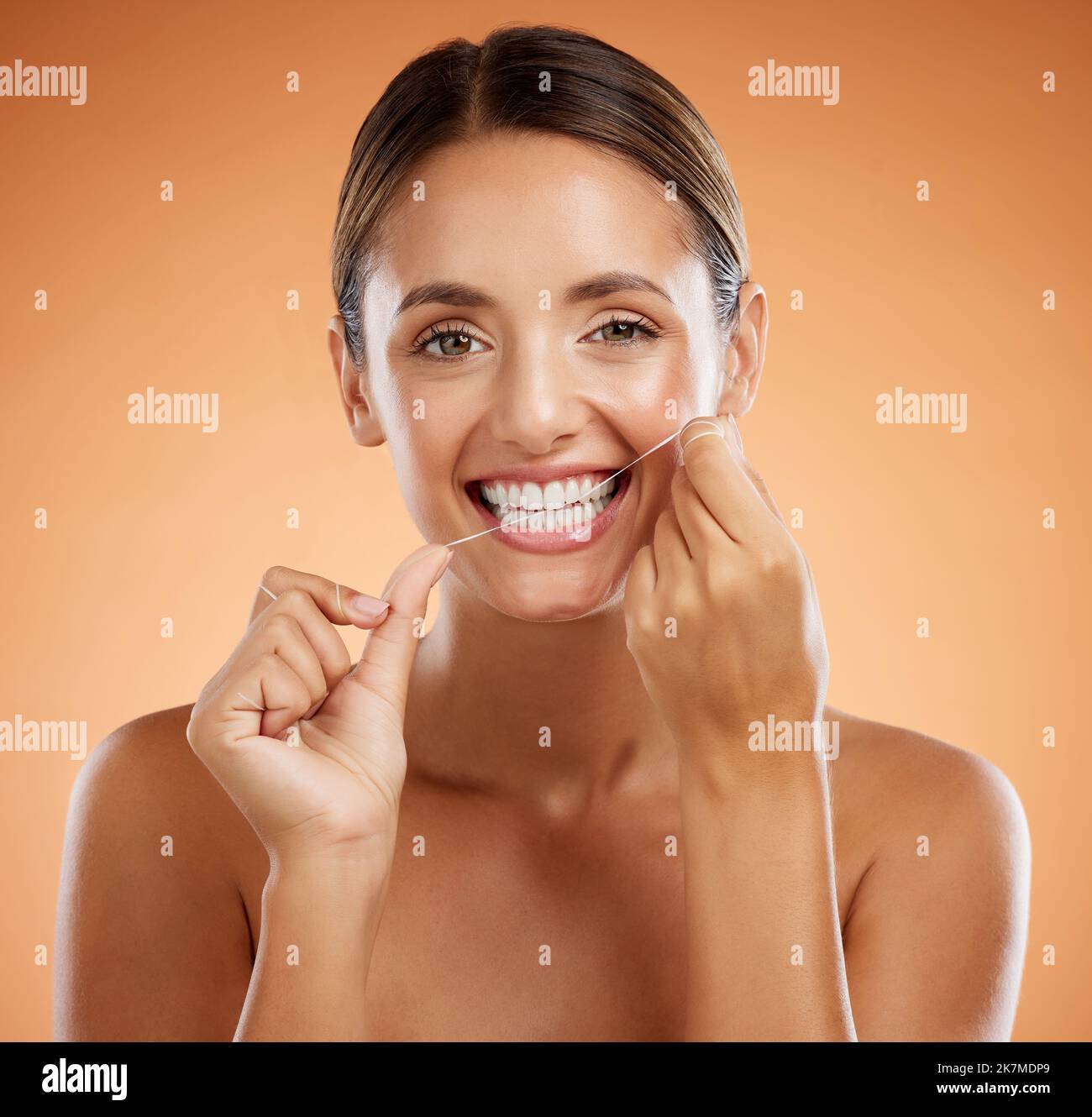 Woman, dental flossing and teeth with smile for clean hygiene and ...