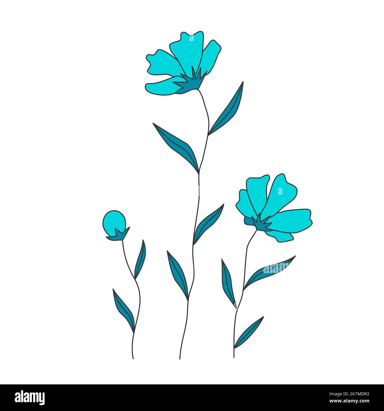 Wild flowers and leaves design, botanical color thin line doodle ...