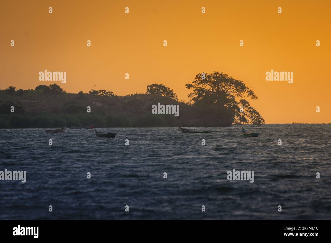 Fishing boats in the middle of the lake at sunset. Lake Victoria ...