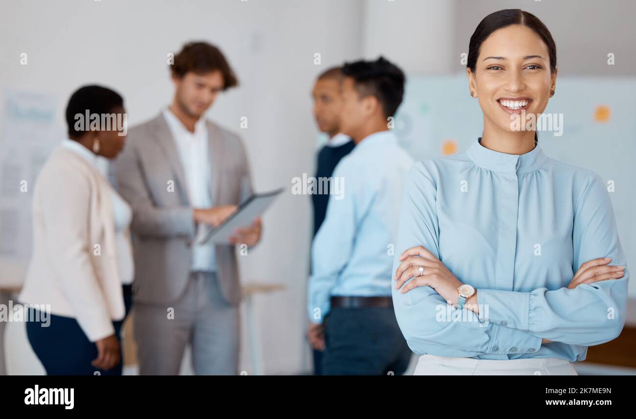 Business, corporate and worker with smile while working in management ...