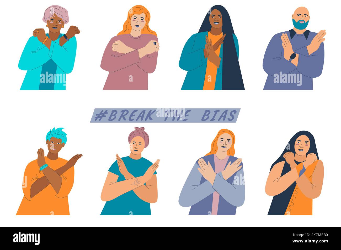 People cross their arms on their chest set. Break the bias concept ...