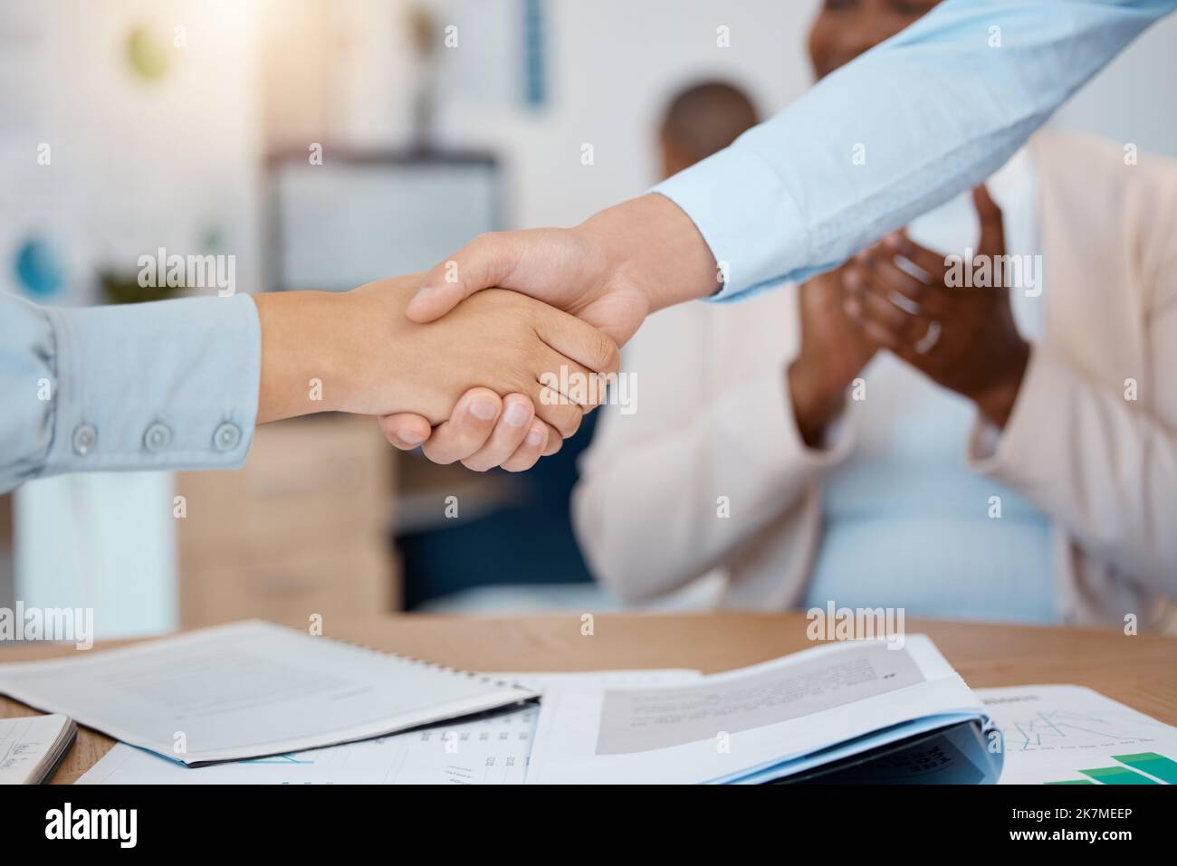 Collaboration, handshake, agreement and meeting for project, contract ...