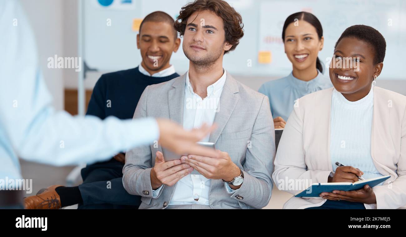 Audience, listening and training with a team in a meeting, seminar or ...