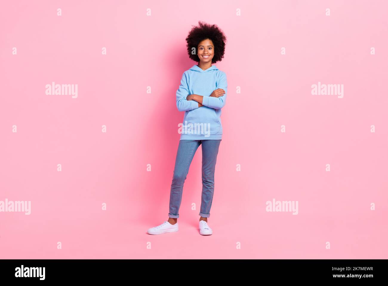 Full size photo of cheerful cute schoolchild crossed arms toothy smile ...