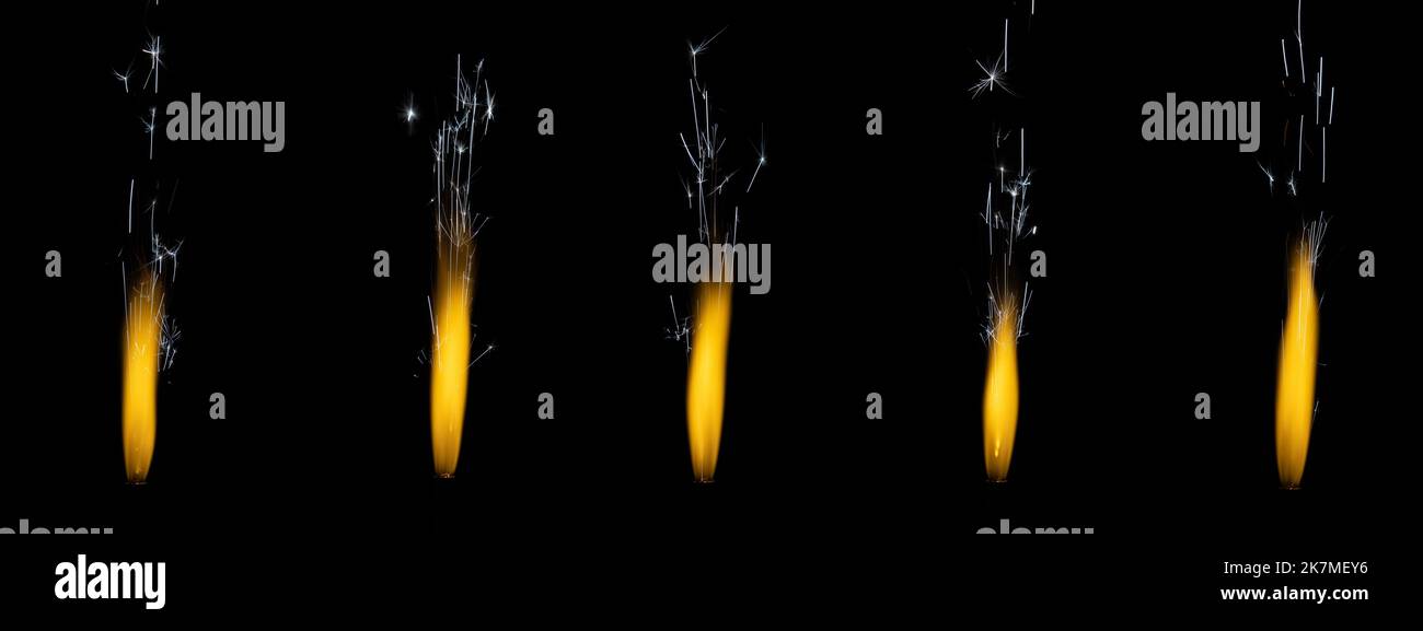 Set of jet fire with sparks on black background for overlay blending ...