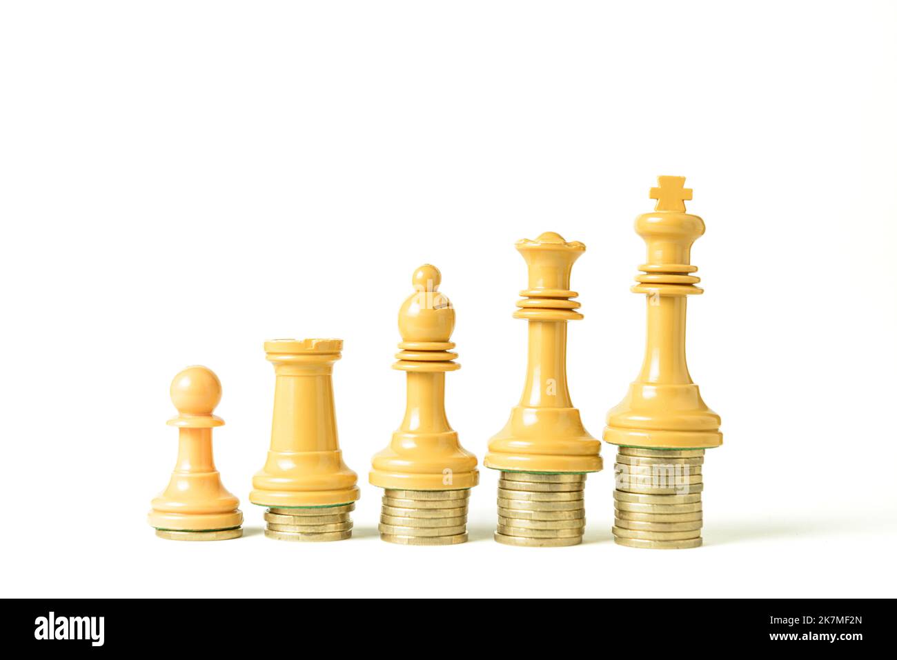 Chess pieces on coins stacked on a white background. Concept of ...