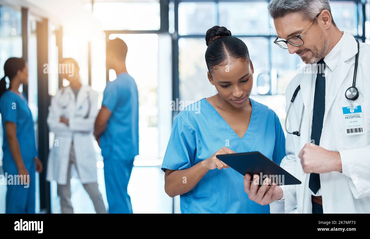 Doctor, student and hospital training on tablet with advice and wisdom ...