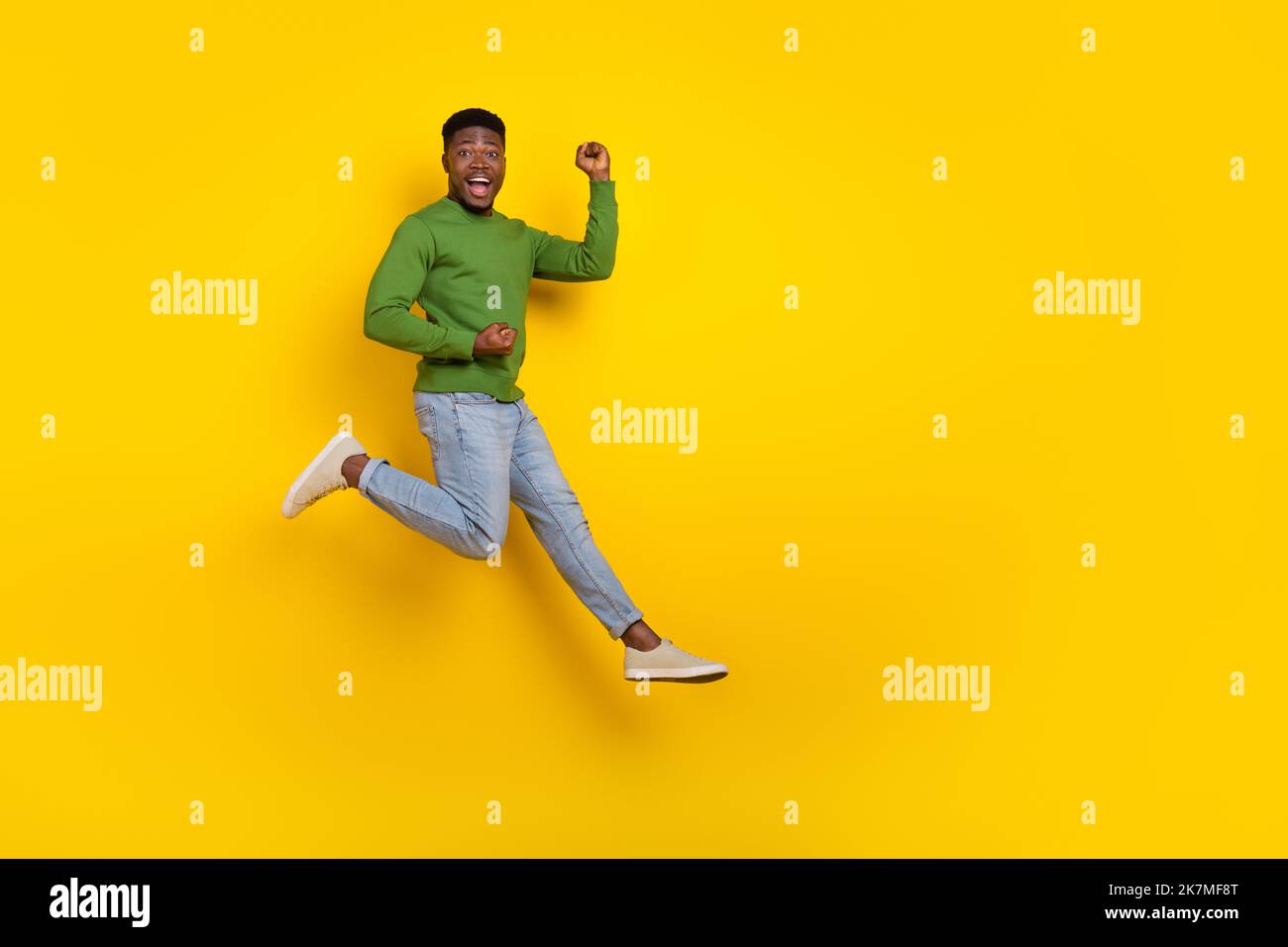 Full length body size view of attractive lucky cheery comic guy jumping ...