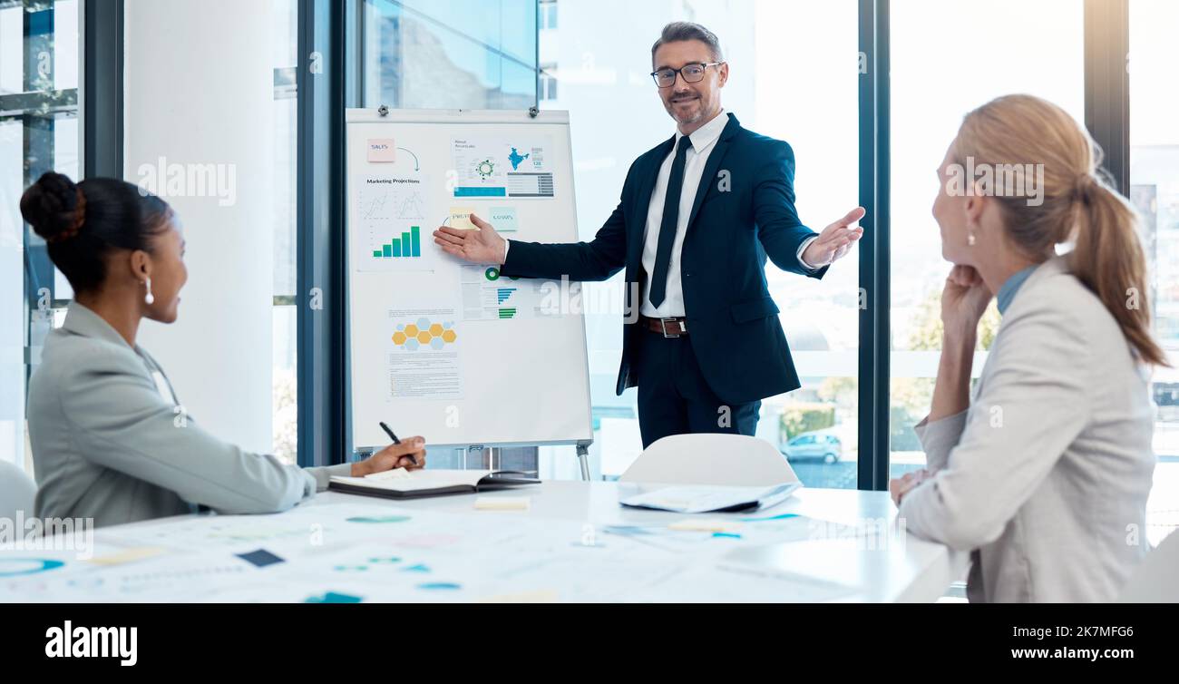 Presentation, financial meeting and business people in office ...