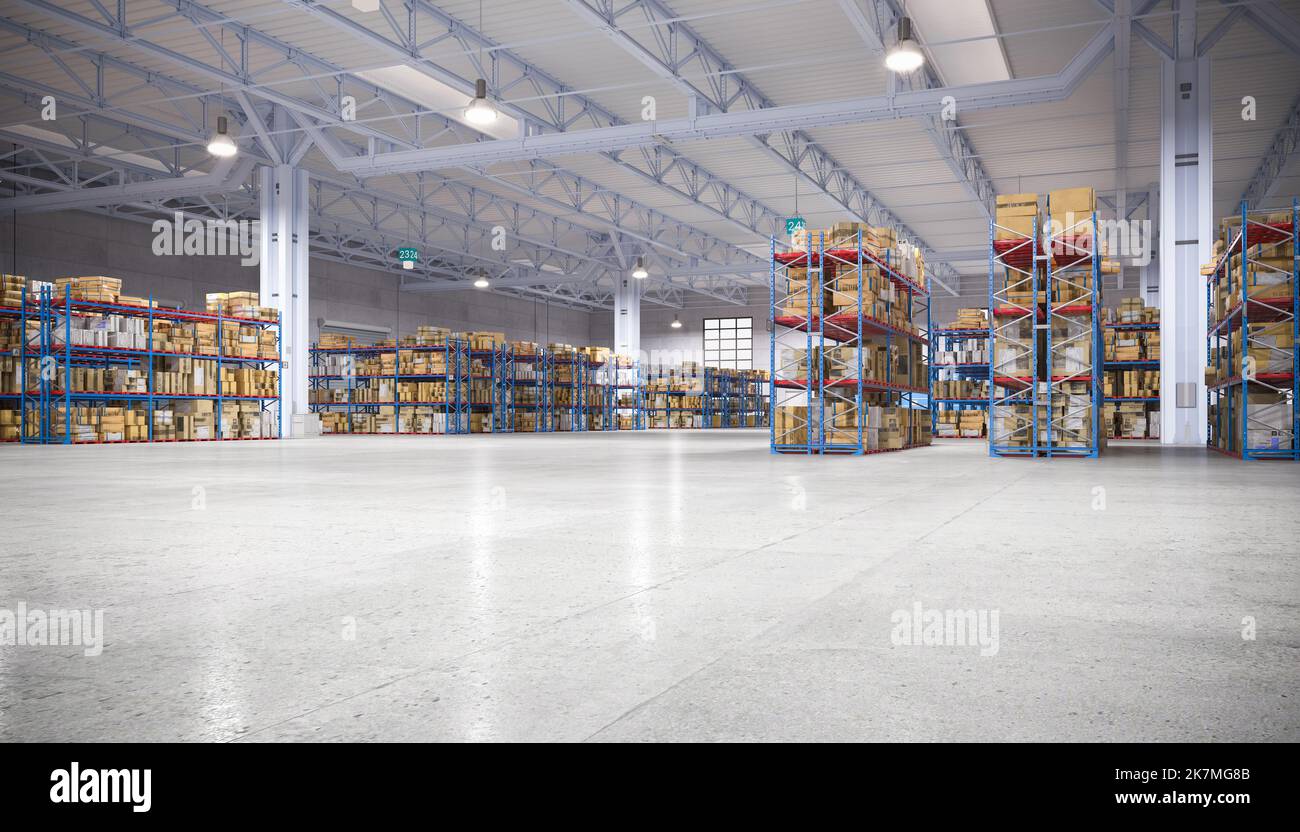interior of a large warehouse with shelves and goods. 3d render Stock ...