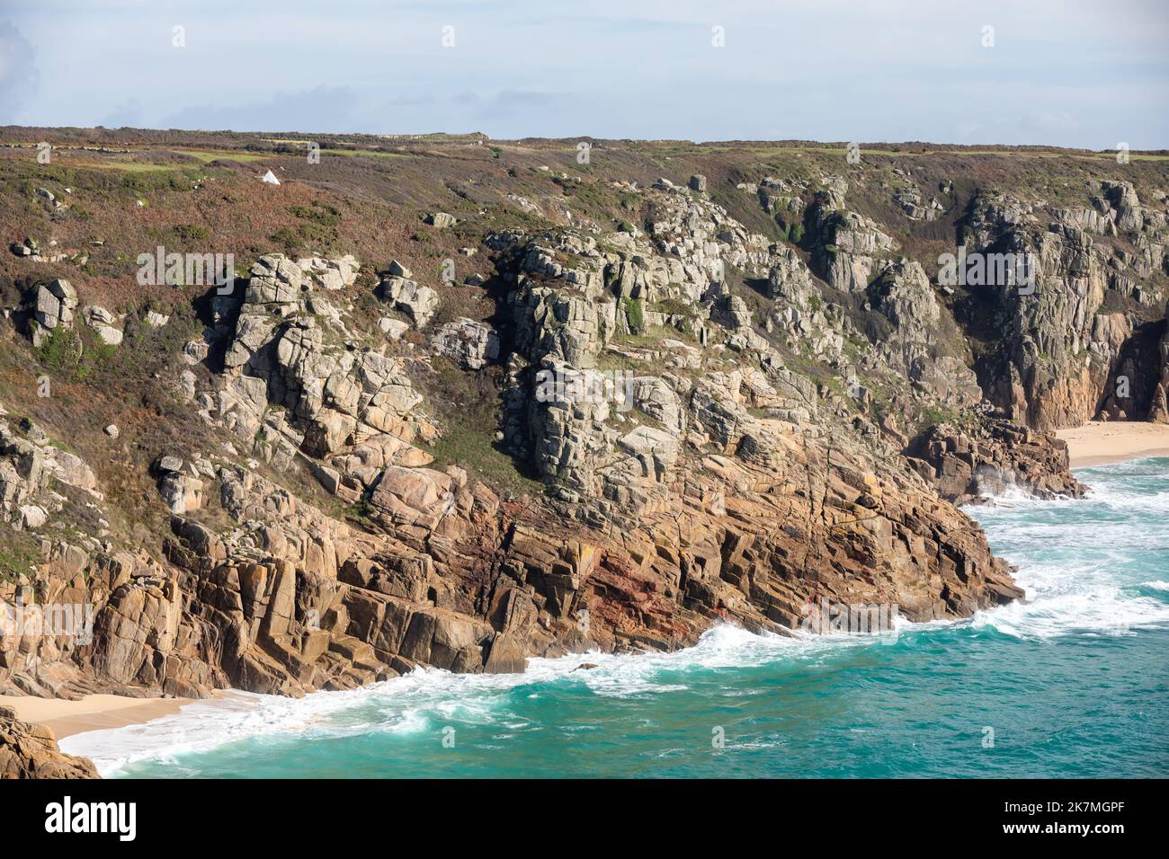 Sunshine over the cliffs and sea in Porthcurno, Cornwall,UK Stock Photo ...