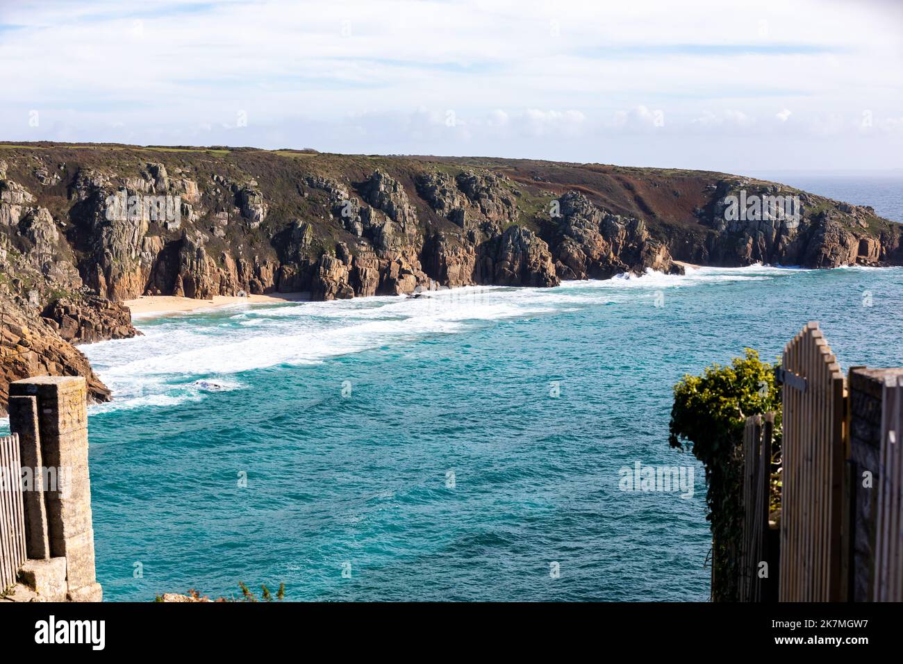 Sunshine over the cliffs and sea in Porthcurno, Cornwall,UK Stock Photo ...