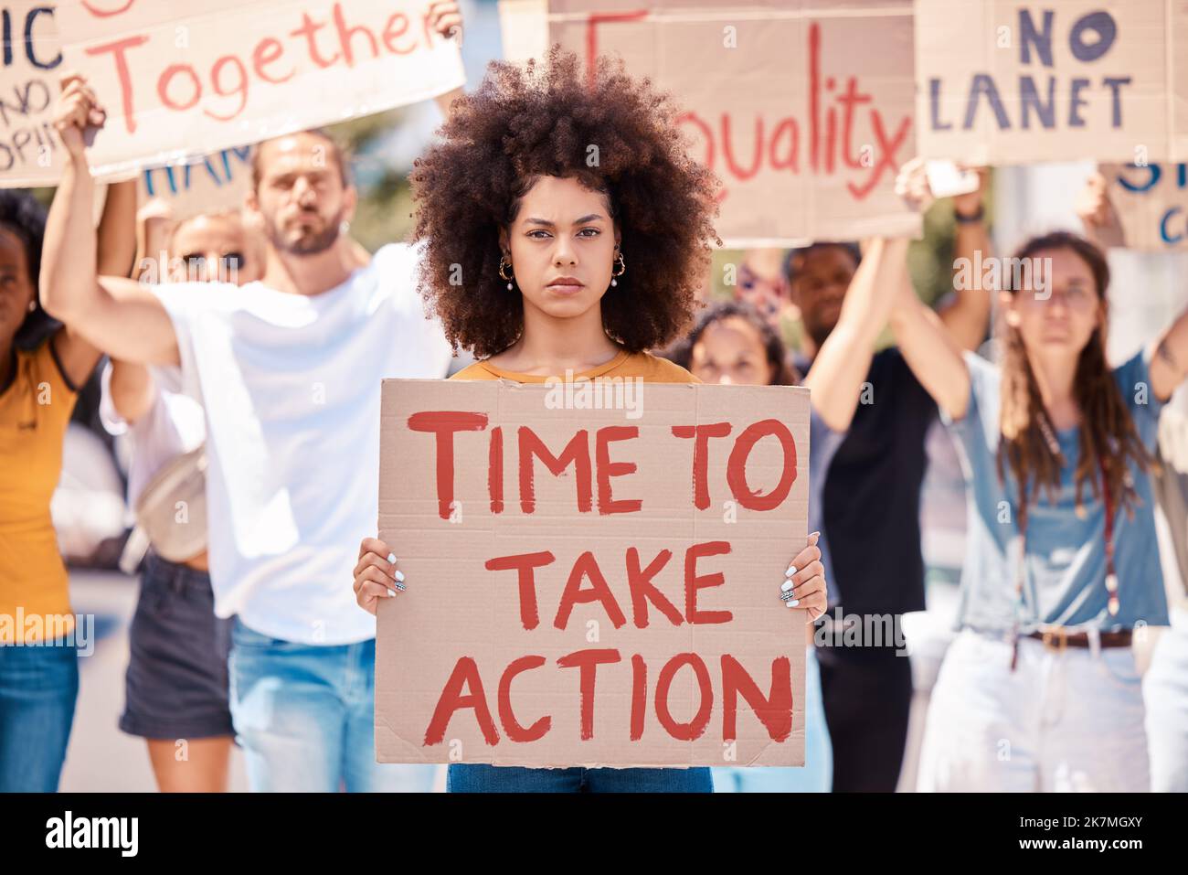 Protest, poster and black woman, crowd or equality, human rights or ...