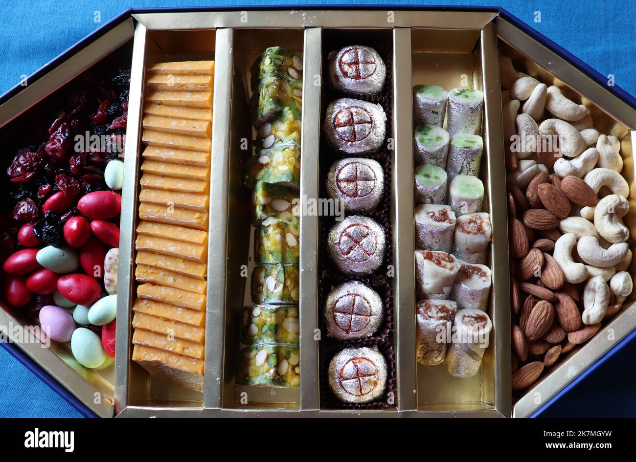 Full frame/Colorful, Variety of Indian Sweets in a box/Diwali/Deepavali ...