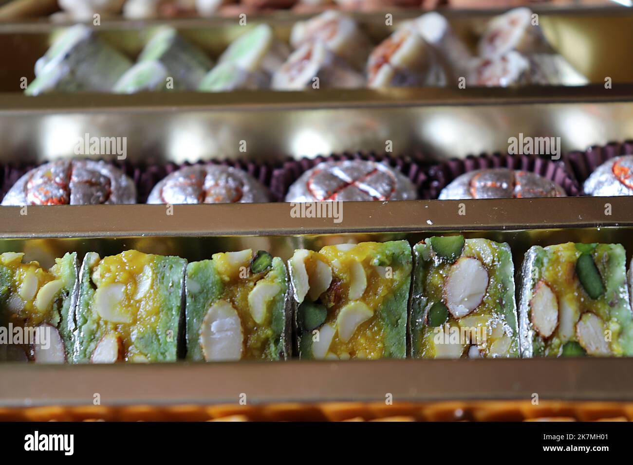 Full frame/Colorful, Variety of Indian Sweets in a box/Diwali/Deepavali ...